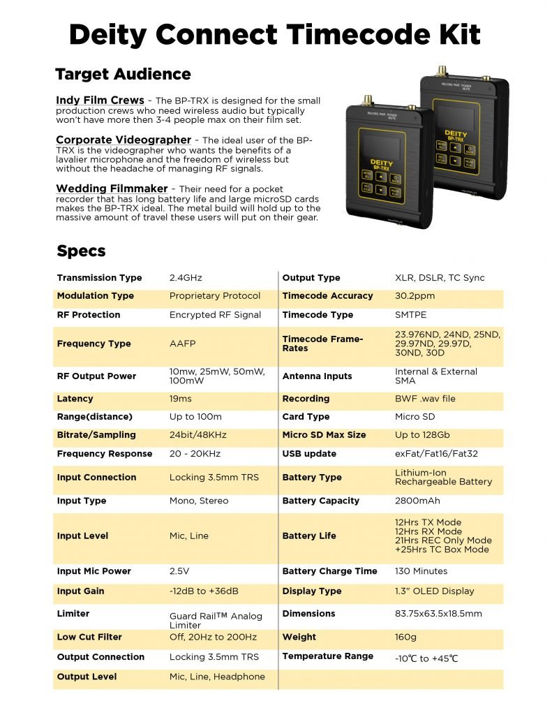 Deity Microphones Connect Timecode Kit - Tiyana Incorporation ...